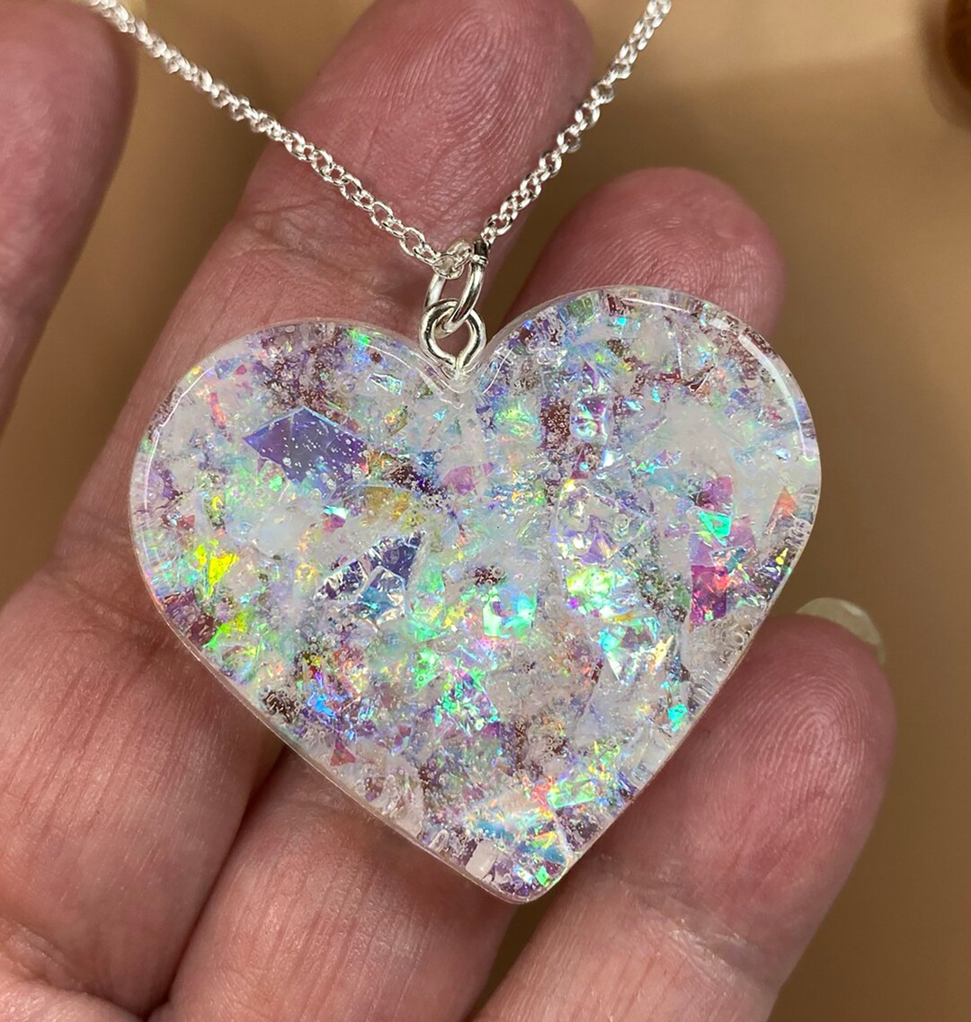 Holographic Flake Resin Heart Necklace - Sterling Silver Plated - Etsy