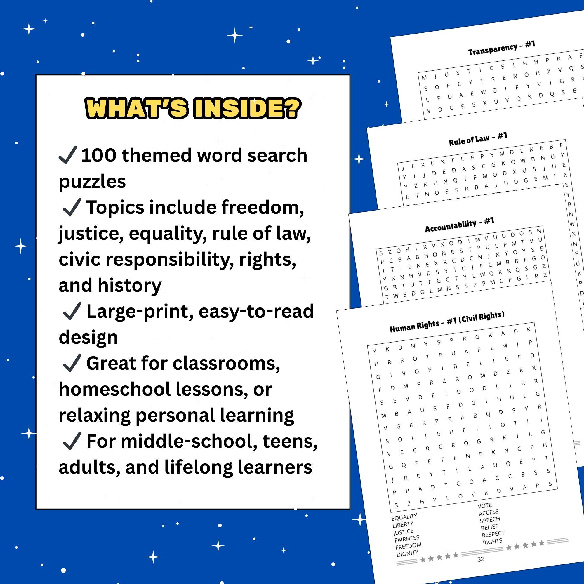 Democracy Word Search Puzzle Book • 100 Educational Puzzles on Freedom ...