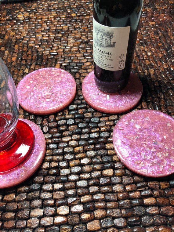 Rose Quartz Round Sparkle Resin Coasters - Etsy
