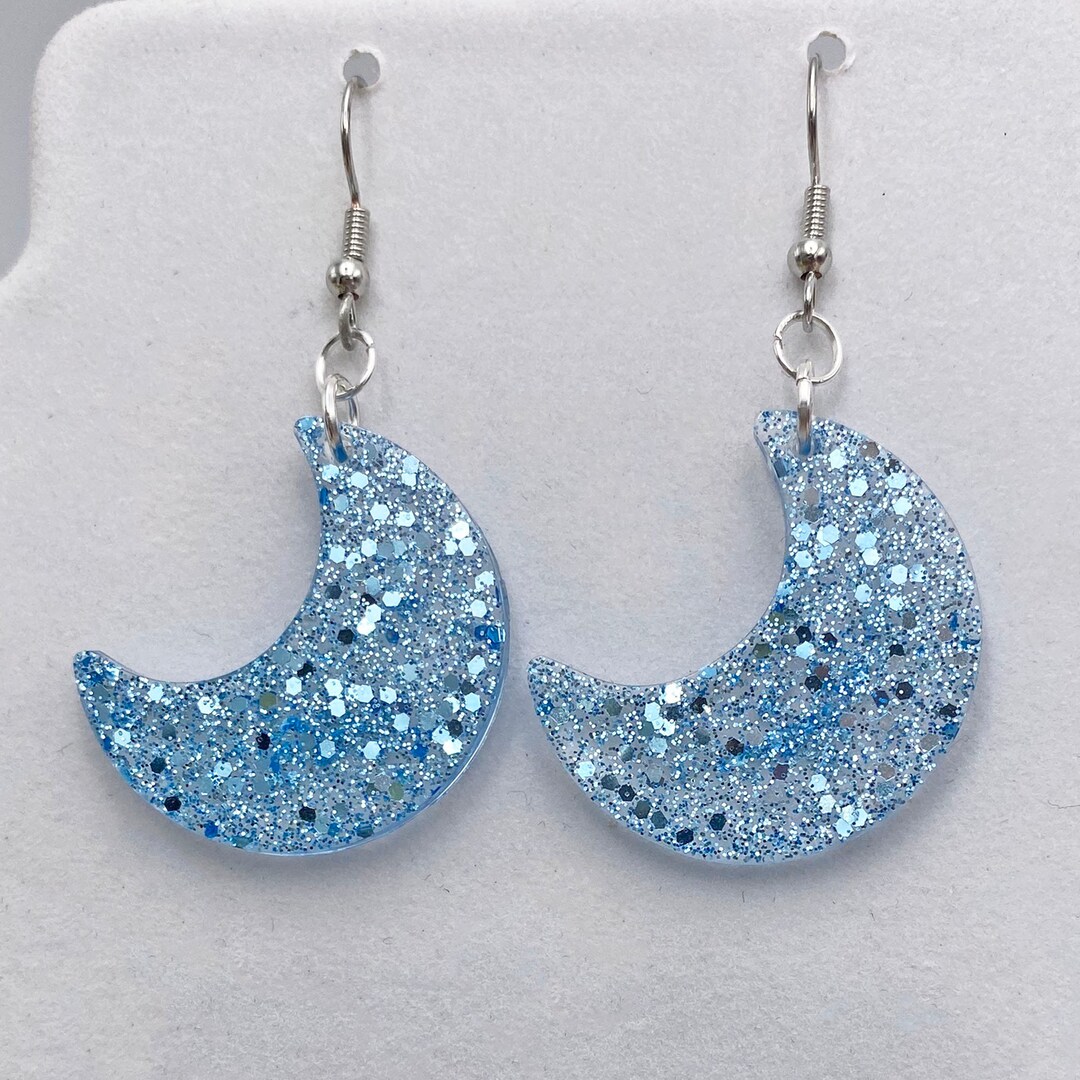 Sparkle Moon Dangle Earrings: Light Blue Glitter Resin, Silver Plated ...