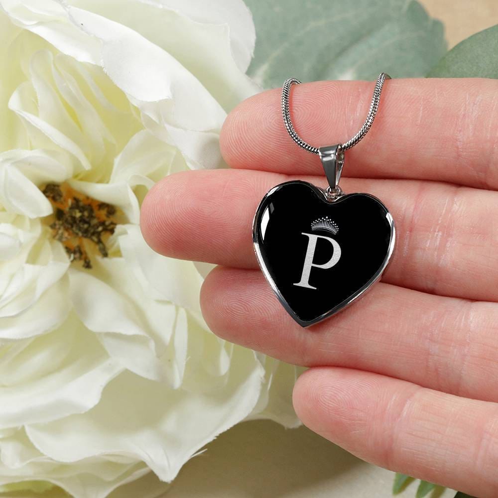 Crowned P Initial Silver Heart Pendant Necklace - Etsy