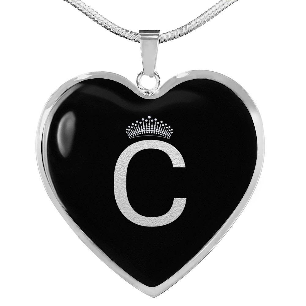 Crowned C Initial Silver Heart Pendant Necklace - Etsy