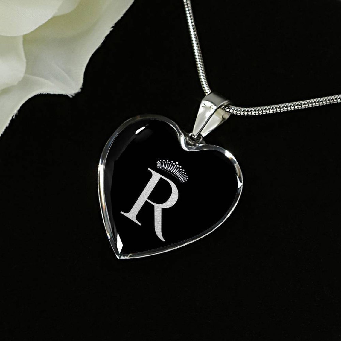 Crowned R Initial Silver Heart Pendant Necklace - Etsy
