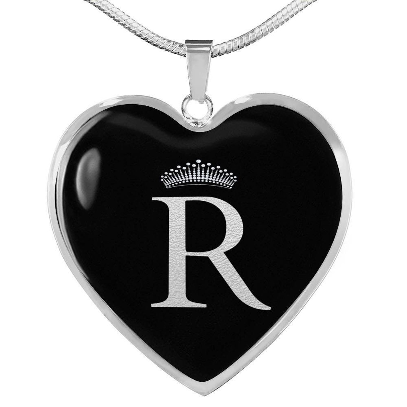 Crowned R Initial Silver Heart Pendant Necklace - Etsy