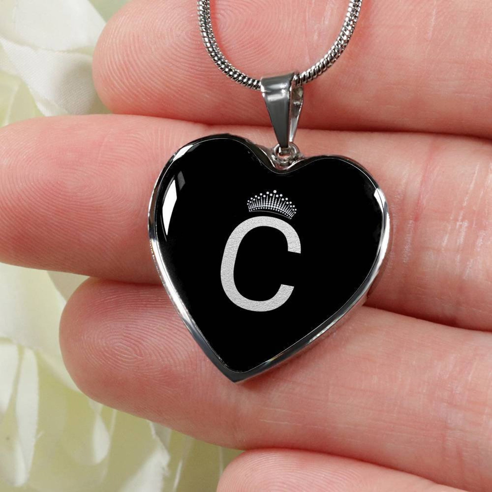 Crowned C Initial Silver Heart Pendant Necklace - Etsy