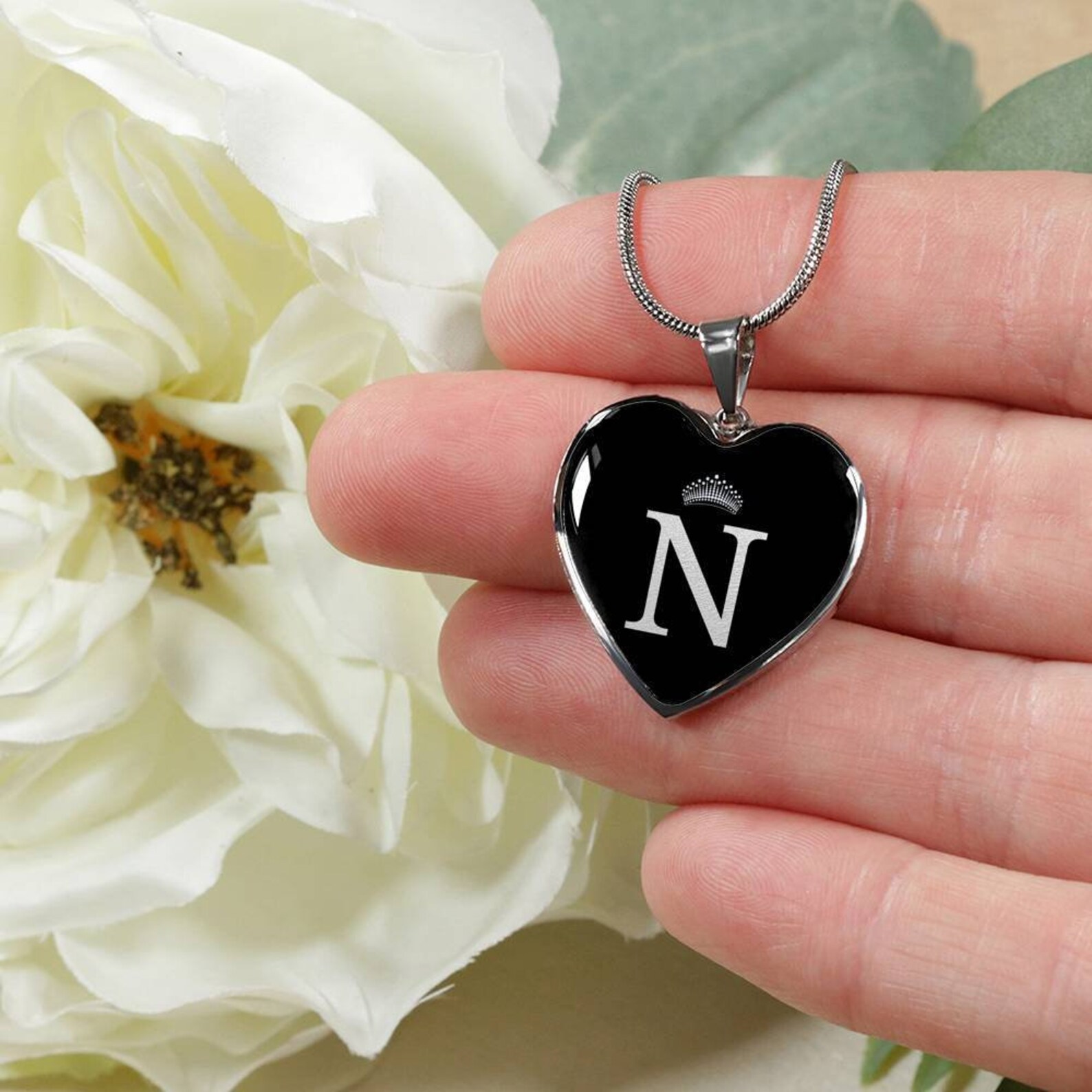 Coronado N inicial plata corazón colgante collar - Etsy España