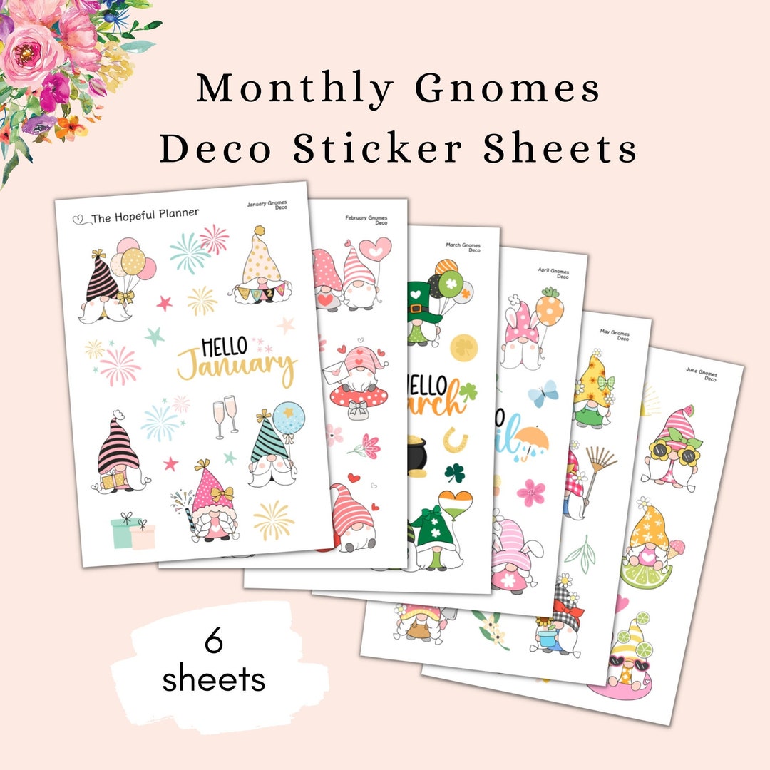 2024 Monthly Gnomes Sticker Sheets - Cute Monthly Themed Gnome Sticker ...