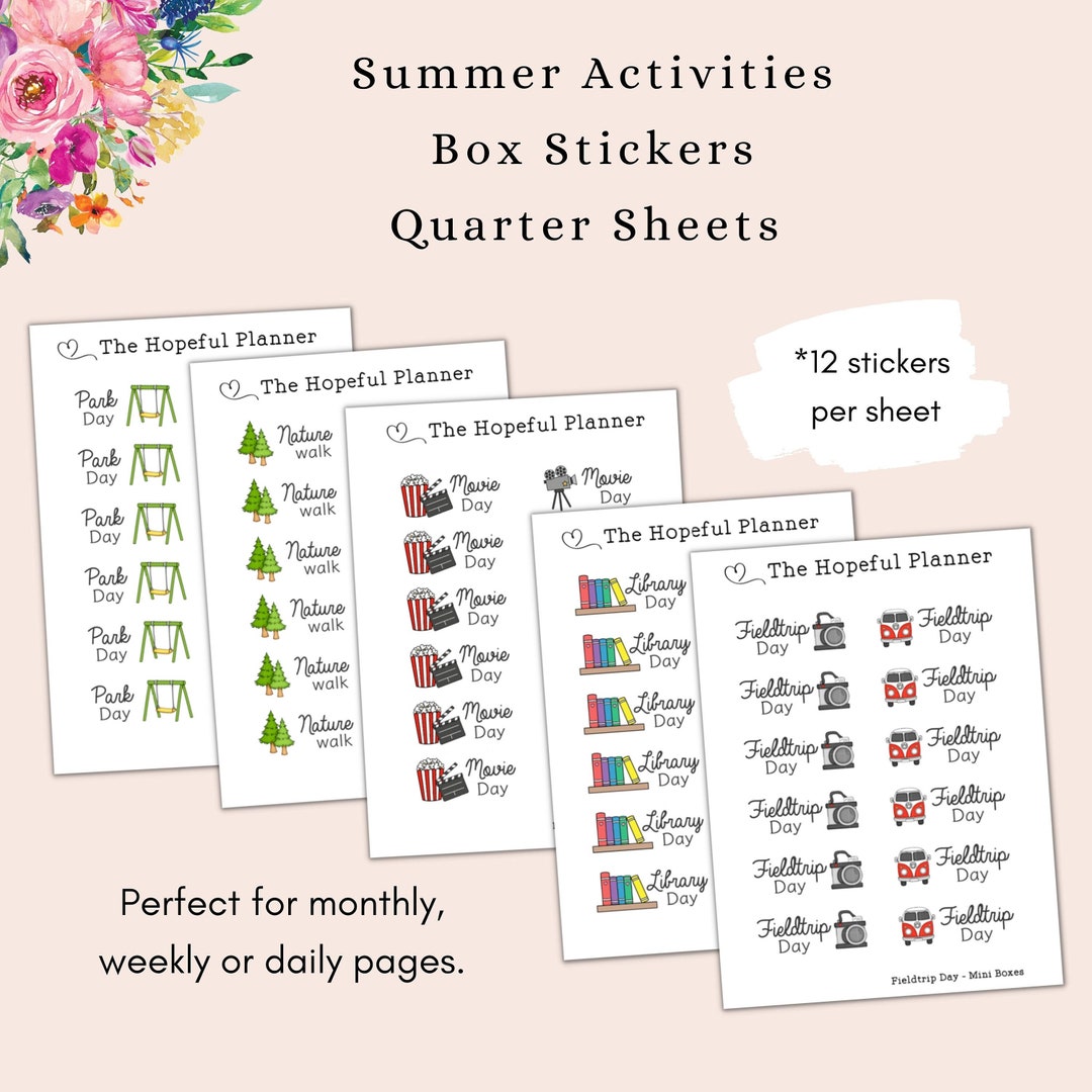 Summer Activity Stickers - Field Trip, Library Day, Movie, Nature Walk ...