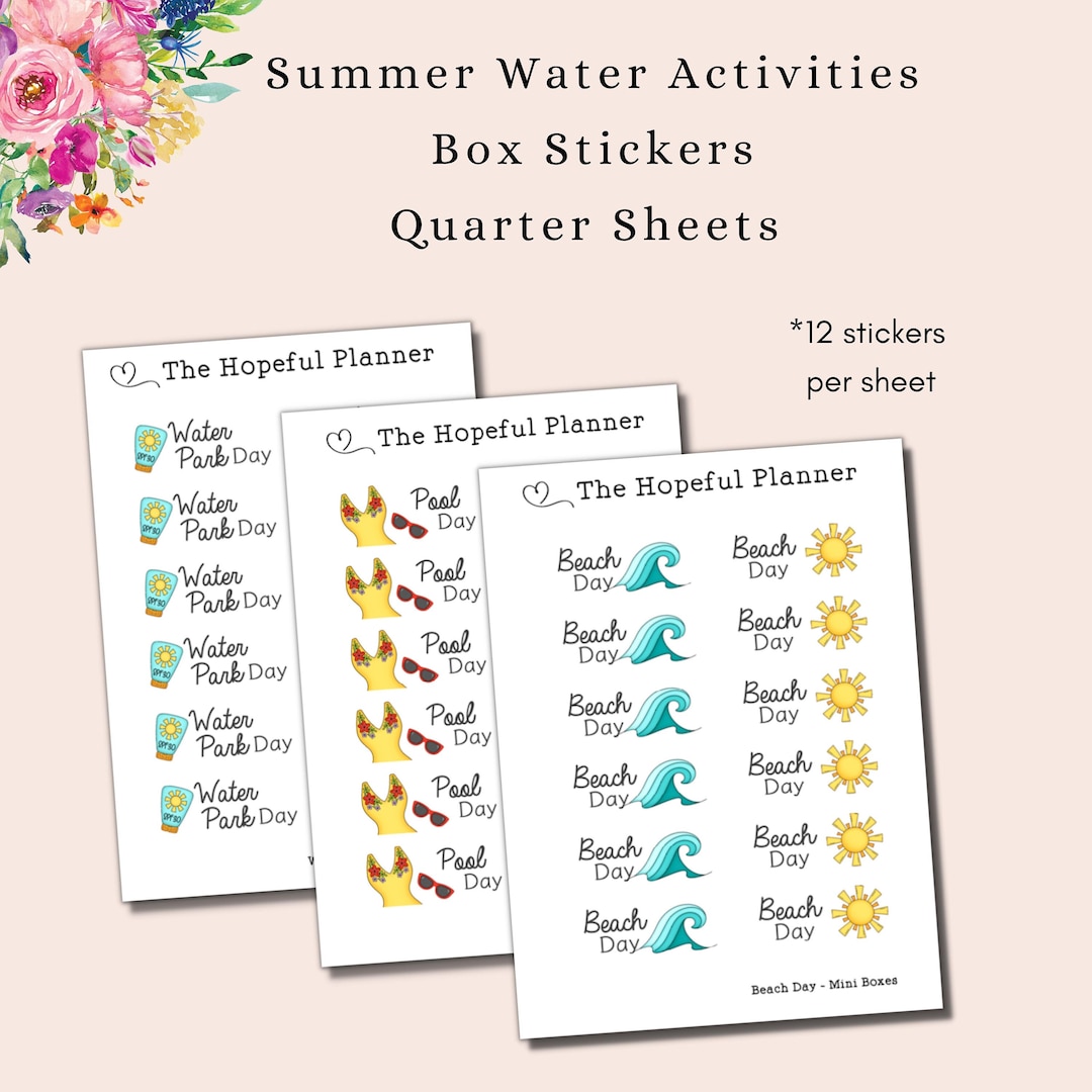 Summer Water Activities Sticker Sheet - Beach Day, Pool, Waterpark Day ...
