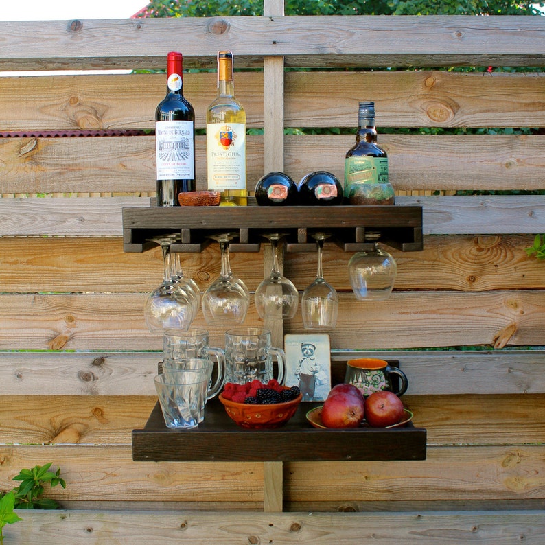 Natural wood shelf mini bar / Set of 2 wine shelves with glass | Etsy