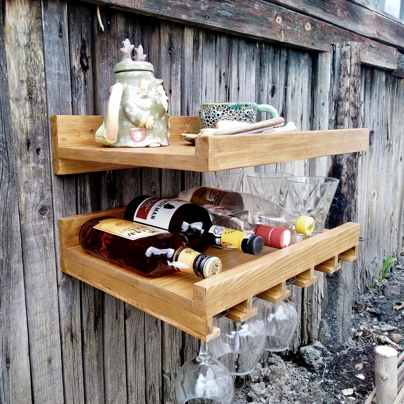 Natural Wood Shelf Mini Bar / Set of 2 Wine Shelves With Glass - Etsy