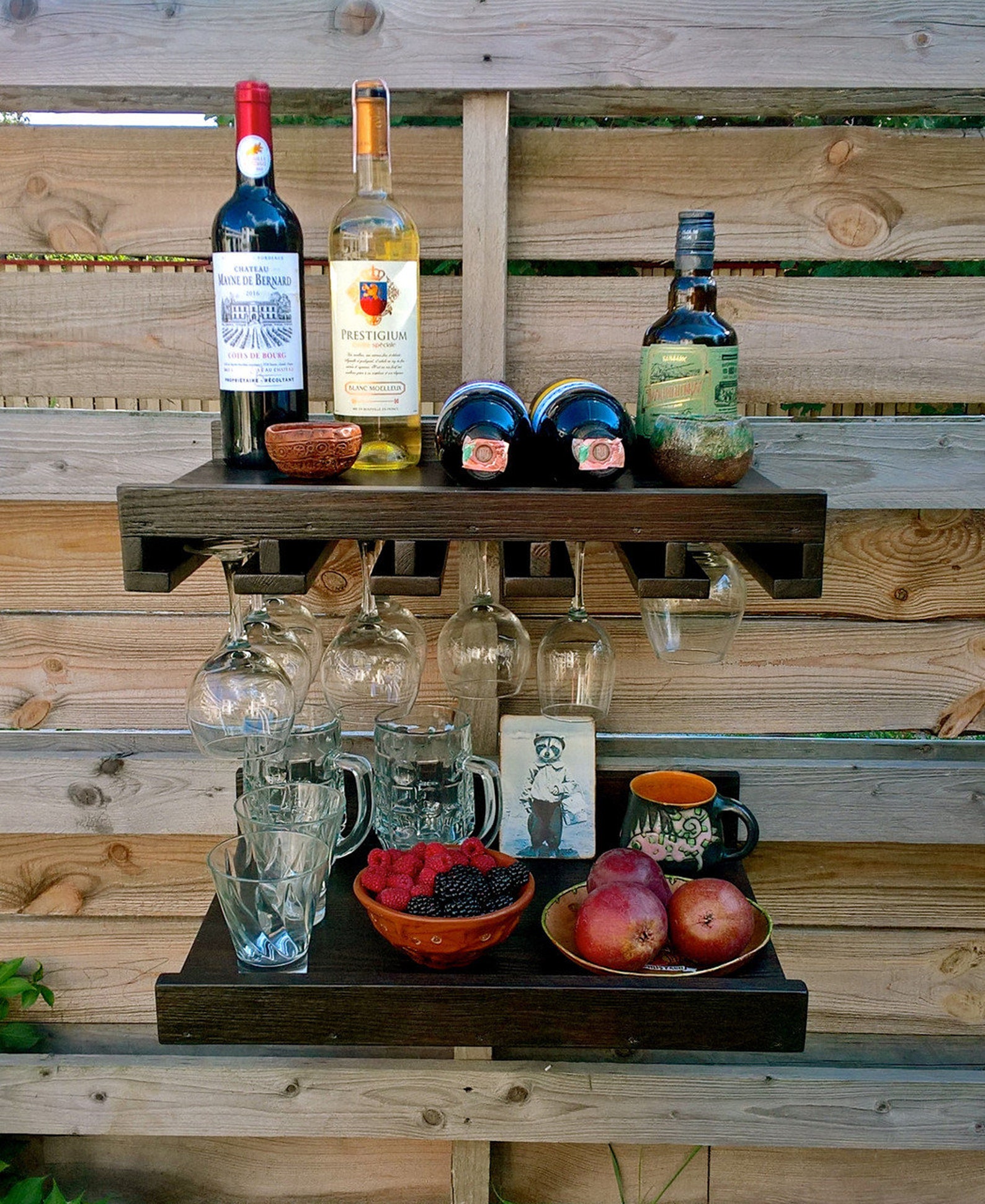 Natural Wood Shelf Mini Bar / Set of 2 Wine Shelves With Glass - Etsy