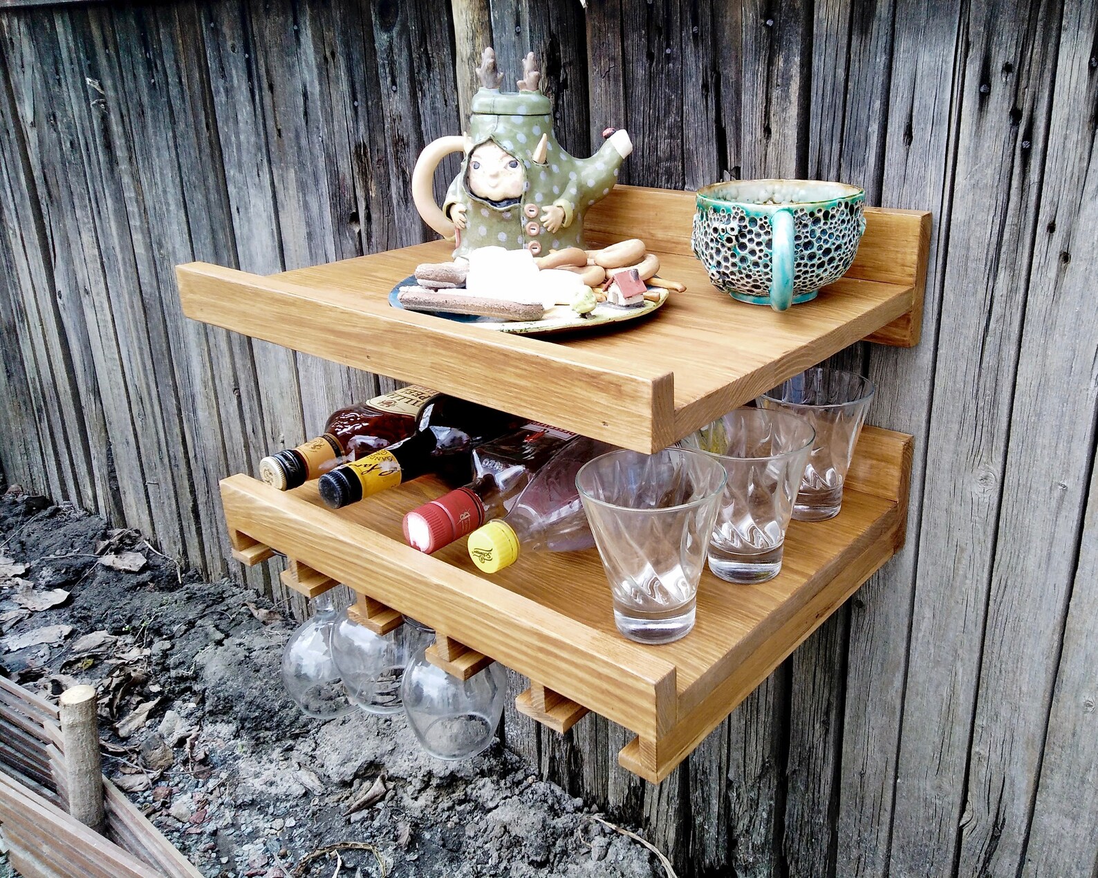 Natural Wood Shelf Mini Bar / Set of 2 Wine Shelves With Glass - Etsy