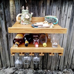 Natural Wood Shelf Mini Bar / Set of 2 Wine Shelves With Glass Holder ...