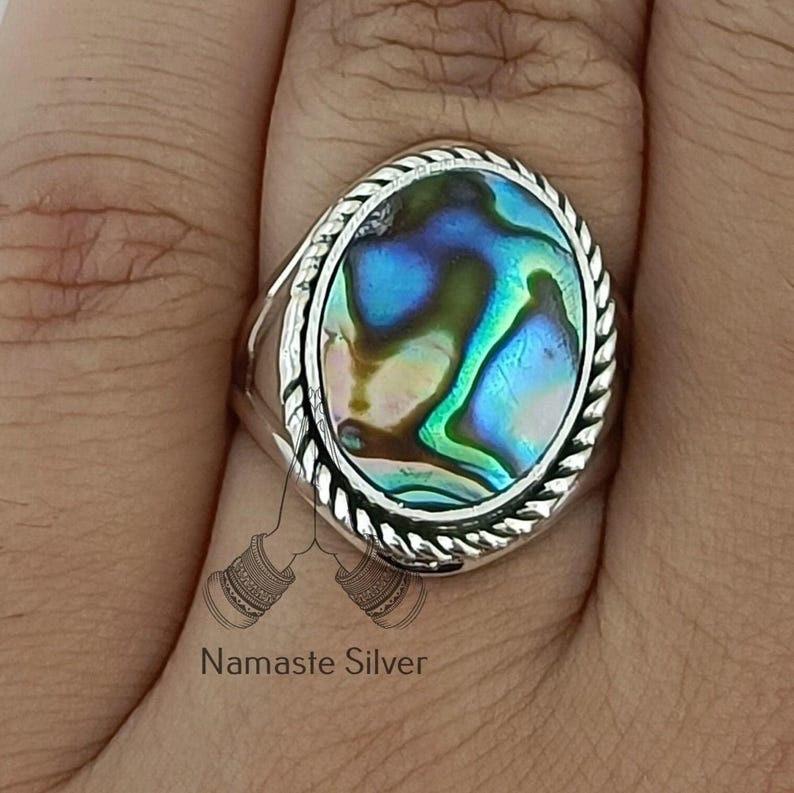 Abalone Shell Ring, Sterling Silver Oval Statement Ring, Handmade Boho ...