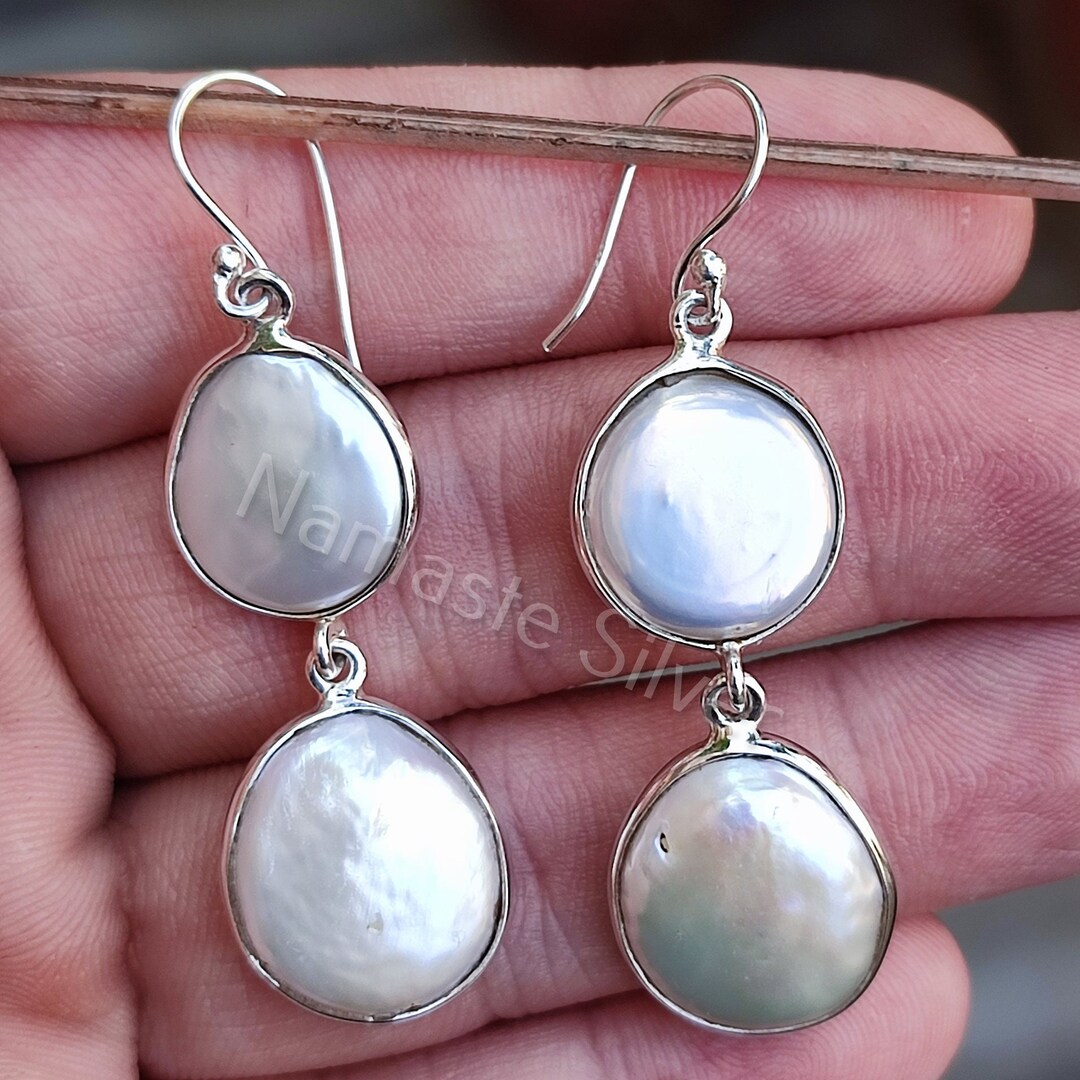 Coin Pearl Earrings, 925 Sterling Silver Handmade Dangle Earrings, Genuine Freshwater Coin Pearl ...