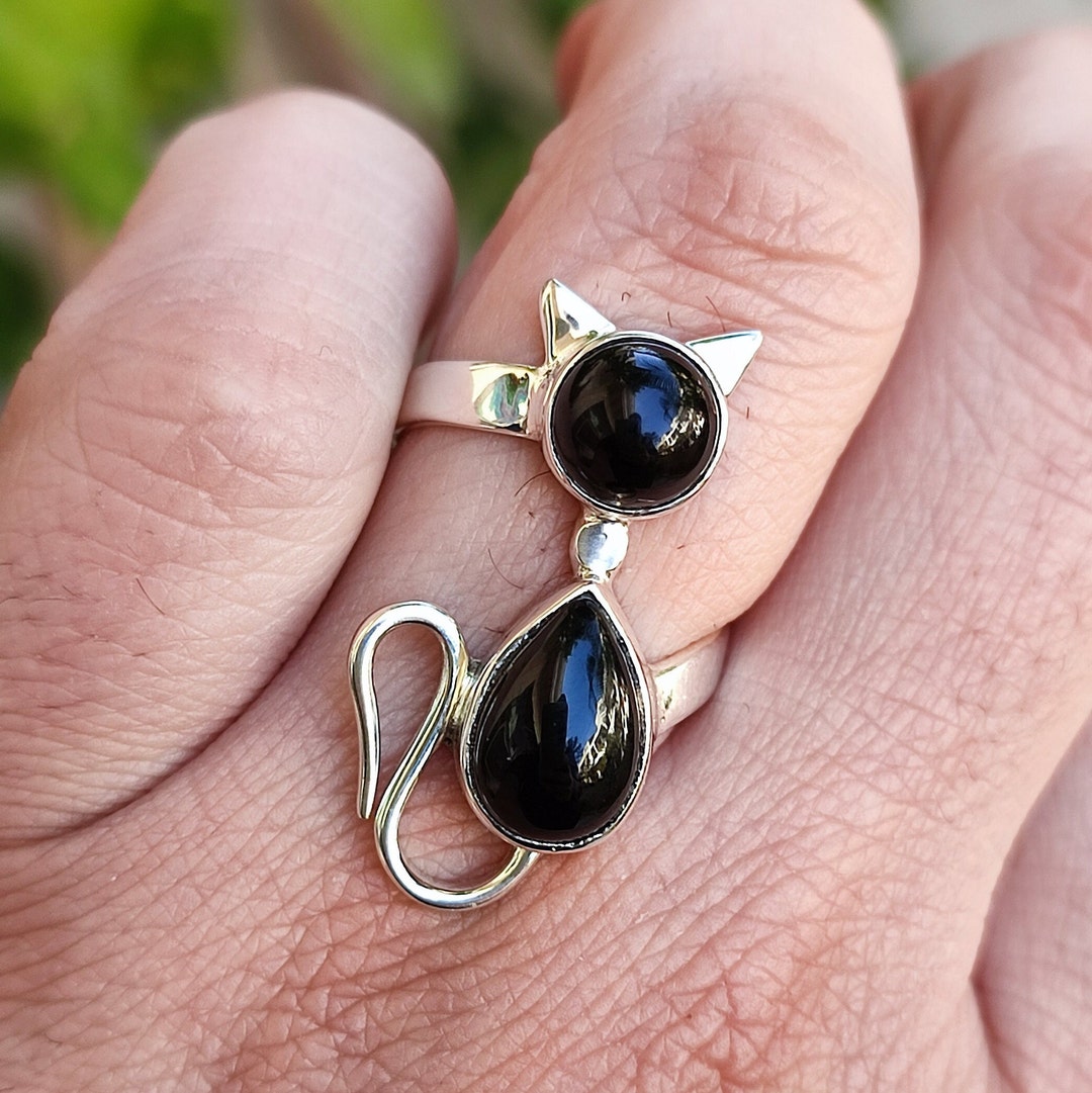 Black Onyx Silver Cat Ring, Handmade Sterling Silver Cat Ring, Black ...
