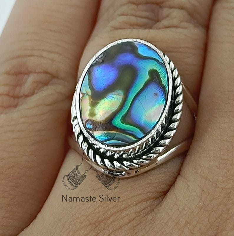 Abalone Shell Ring, Sterling Silver Oval Statement Ring, Handmade Boho ...