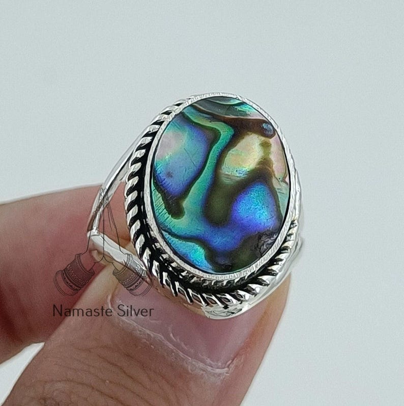Abalone Shell Ring, Sterling Silver Oval Statement Ring, Handmade Boho ...