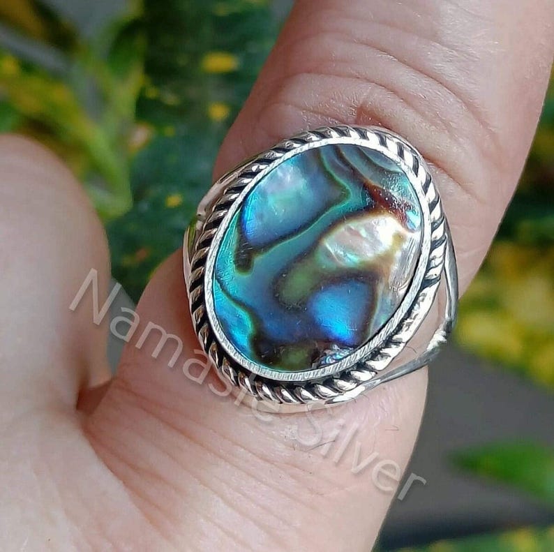 Abalone Shell Ring, Sterling Silver Oval Statement Ring, Handmade Boho ...