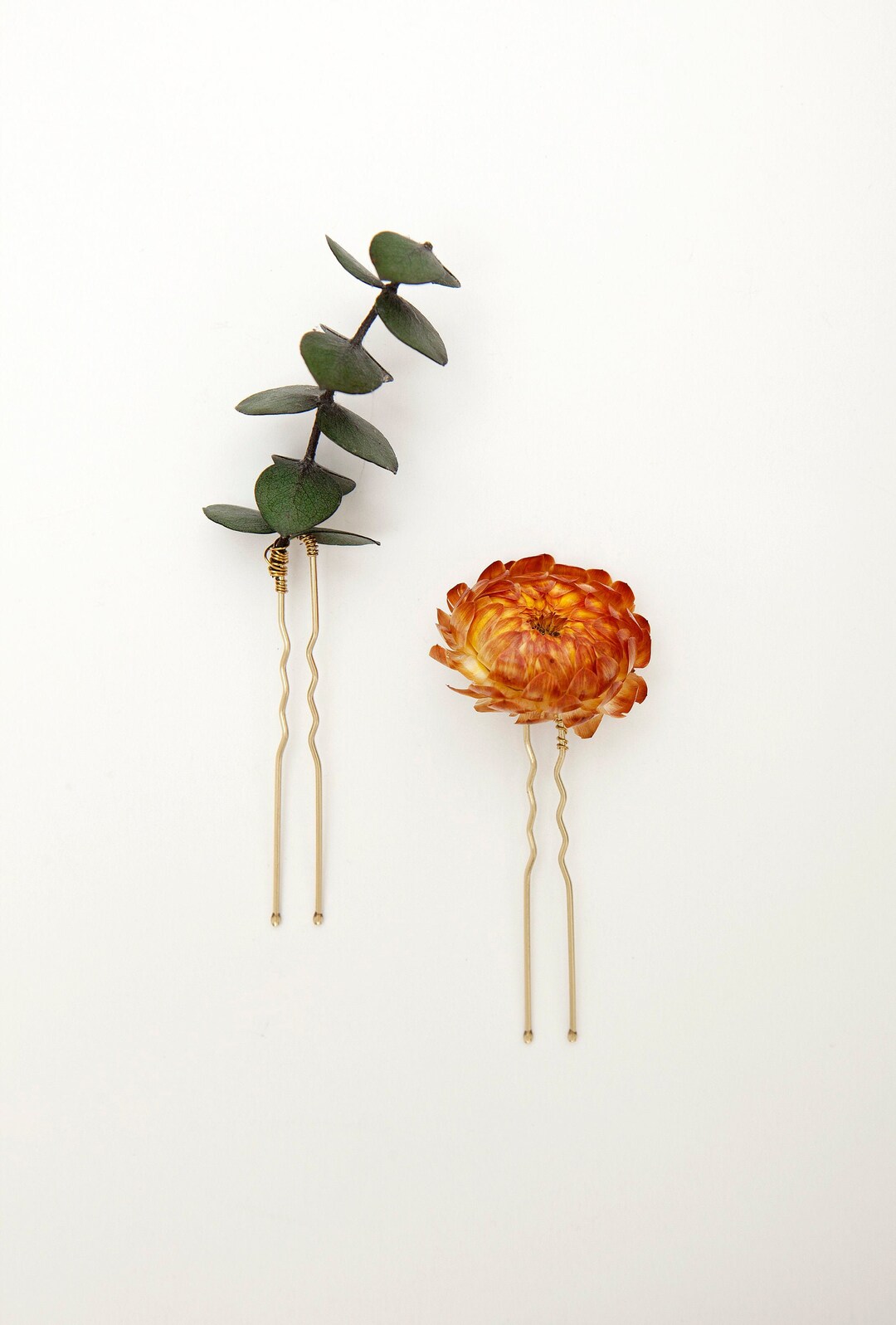 5 Pins Set- 2 Eucalyptus Hair Pins and 3 Strawflower Hair Pins | Dried ...