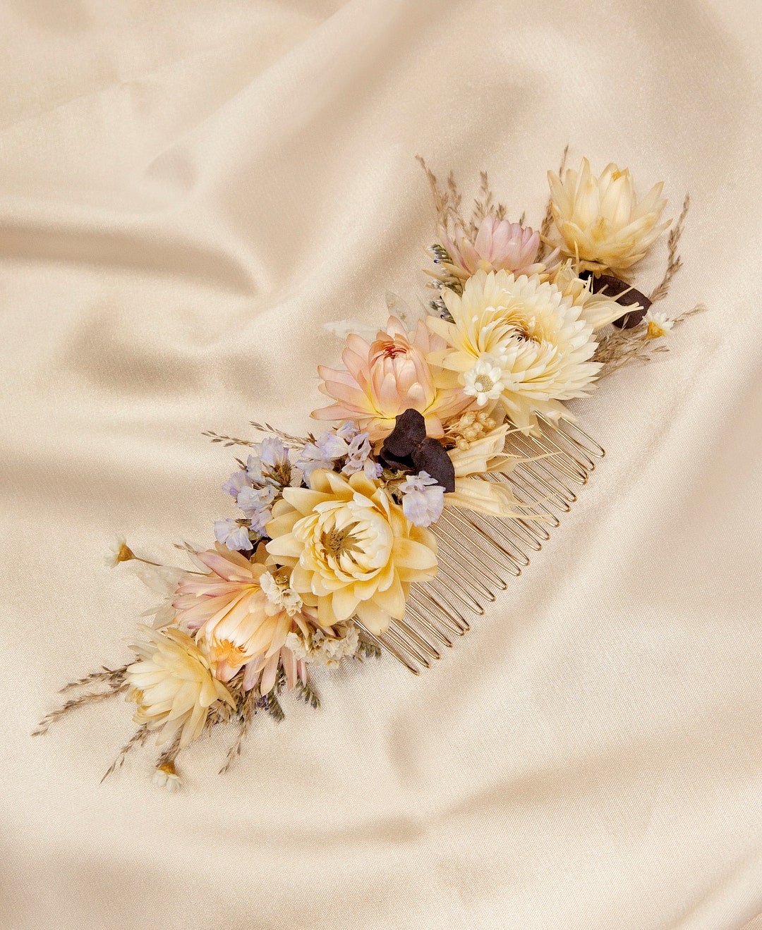 Dried Beige Blush Pink Strawflower Bridal Hair Comb Dried Flower Bridal ...