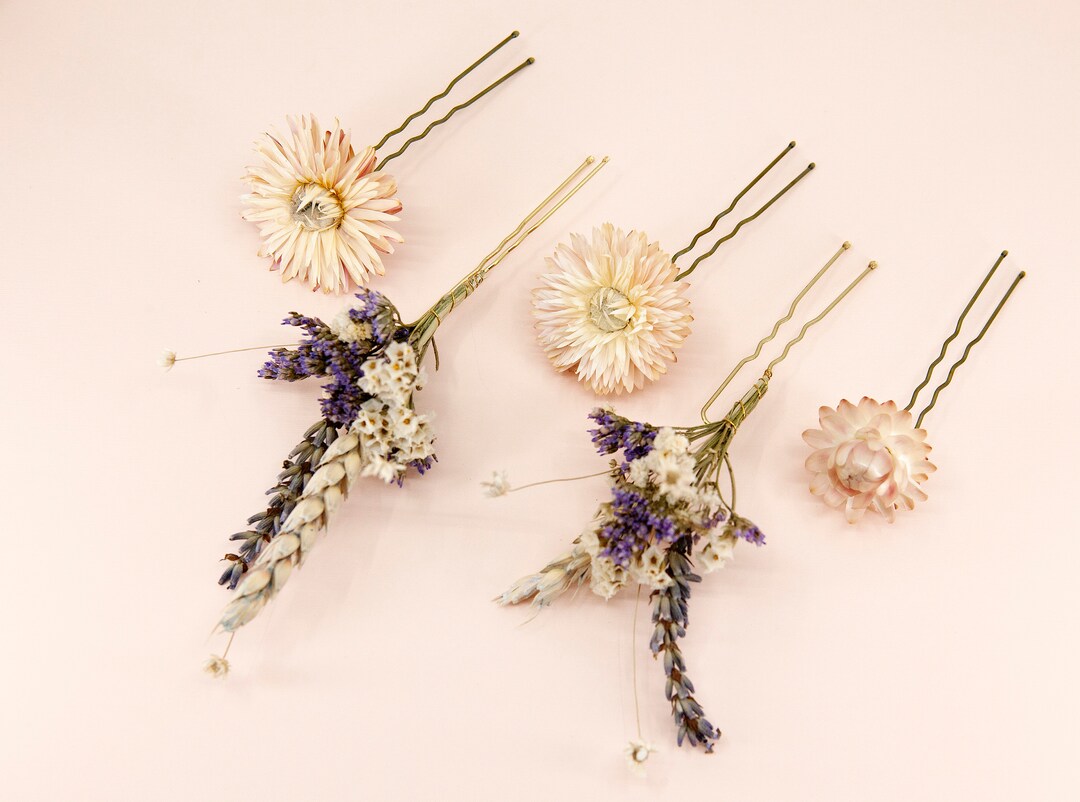 Mixed Floral Hair Pins - Set of 5 Pins | Dried Strawflowers Lavender ...