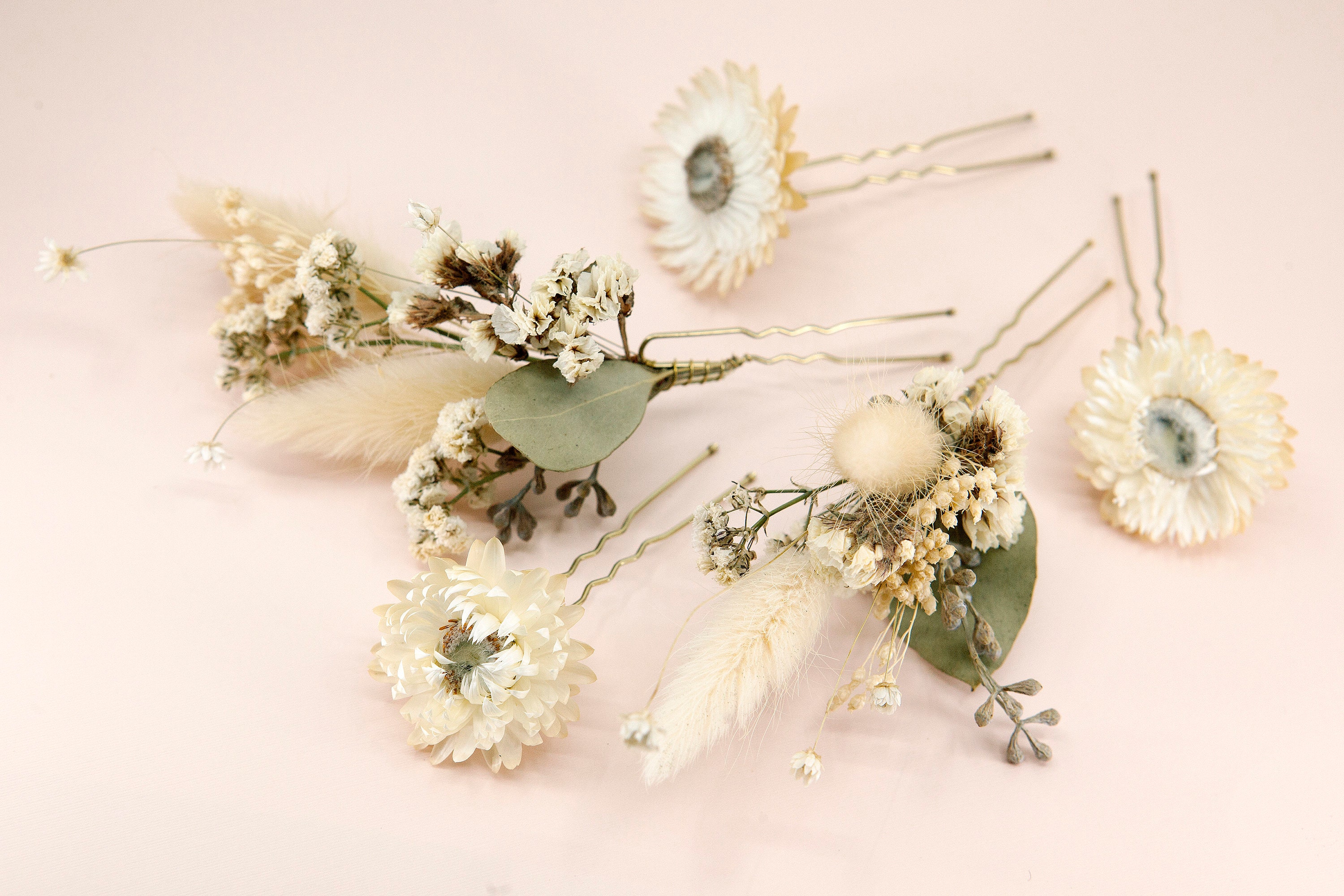 5 Pins Set - Mixed Floral Hair Pins | Dried Ivory Strawflowers Lagurus ...