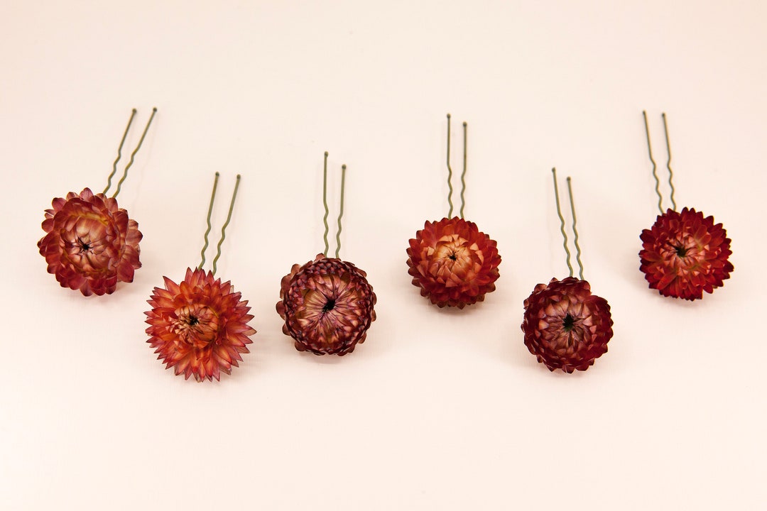 Dark Orange Strawflower Hair Pins | Dried Strawflower Bridal Big Hair ...