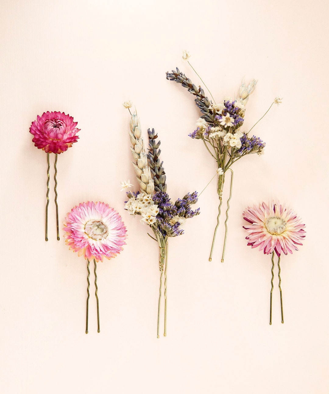 5 Pins Set - Mixed Floral Hair Pins | Dried Mixed Pink Strawflowers ...