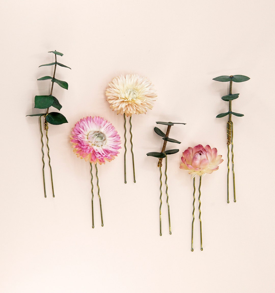 6 Pins Set - 3 Eucalyptus and 3 Strawflower Hair Pins | Dried ...