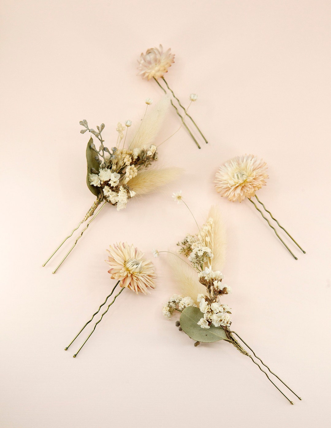 5 Pins Set - Mixed Floral Hair Pins | Dried Blush Pink Strawflowers ...