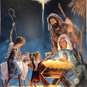 Shepherd Boy With Little Sister at Manger Christmas Print, Shepherds at ...