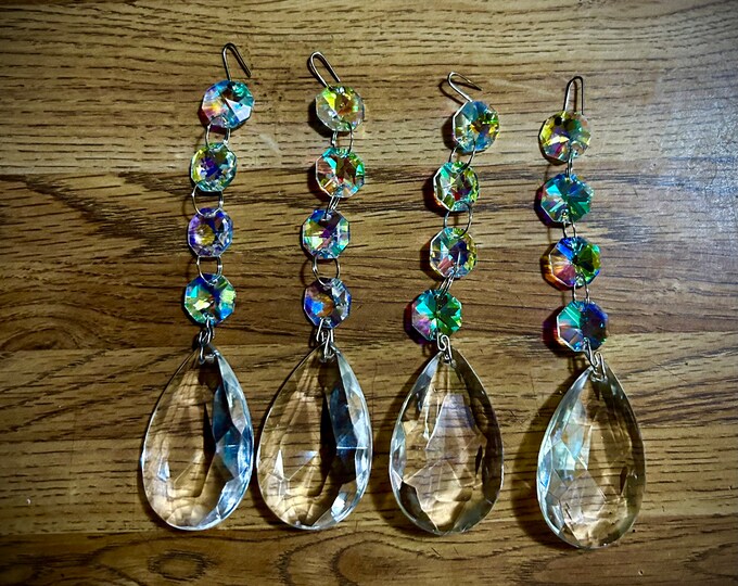 Four (4) Vintage NOS 2" Clear Crystals Drops Teardrops, W 4 Attached ...