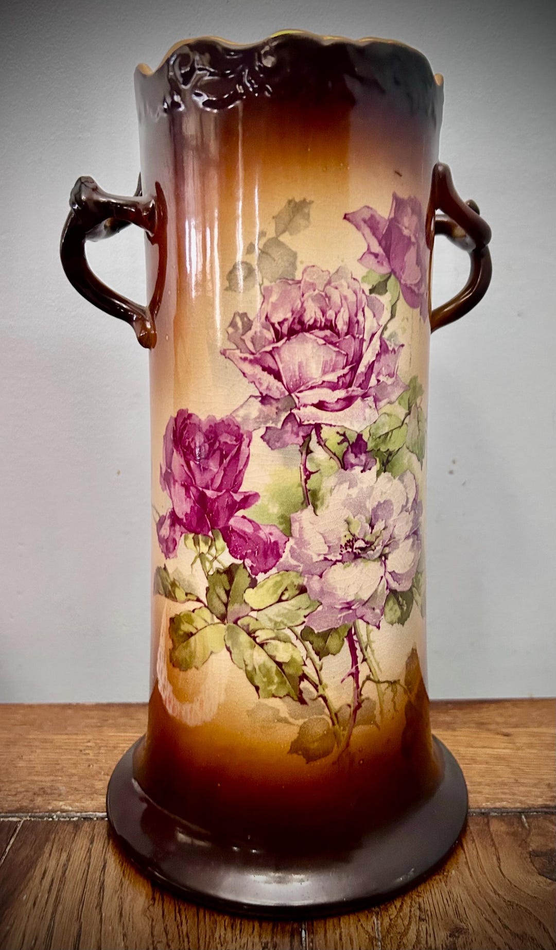 1900s Antique Goodwin Floral Formal Two Handled Vase, Flowers Roses ...