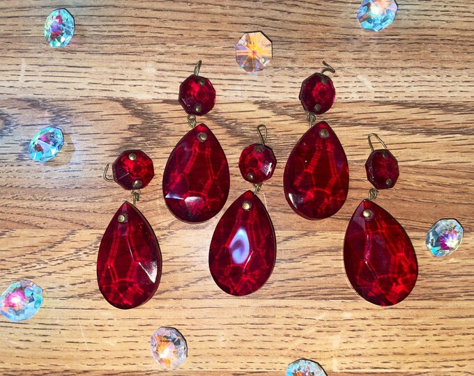 5 Aged Nicely 1.5" VINTAGE Ruby Red Glass Teardrops W Octagon Jewel ...
