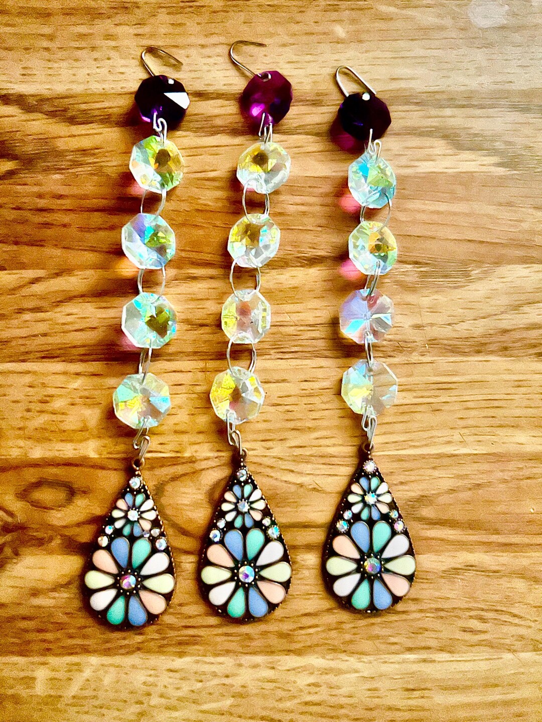 3 Fancy Eclectic AURORA Crystal, Metal & Enamel Teardrop Strands in ...