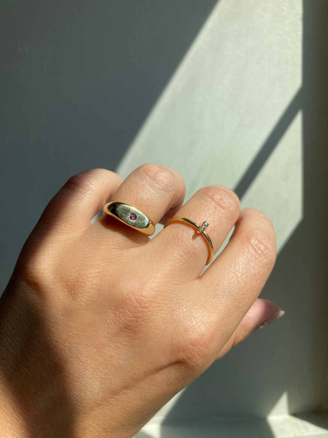 Ruby Signet Ring. Gypsy Set Ring. Flush Set Ruby Ring. Handmade Brass ...