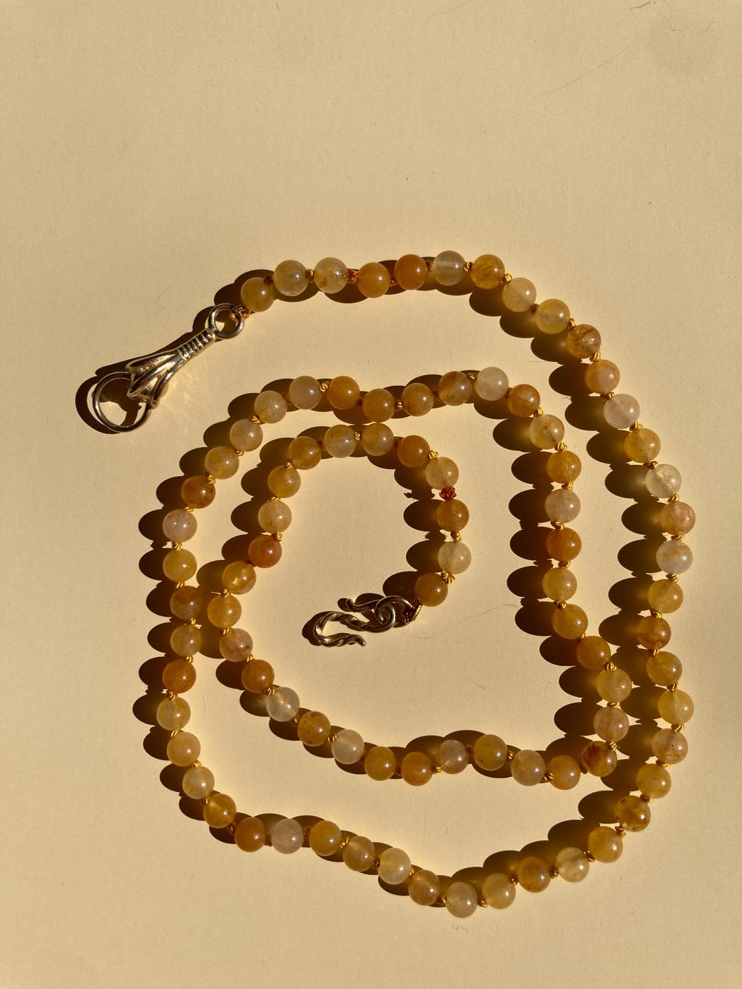 Yellow Quartz Beaded Talisman Necklace – Hand Knotted Silk With Claw ...