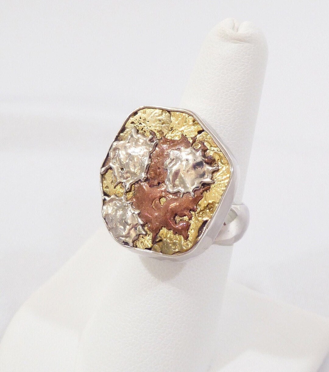 SPRING SALE! Vintage Charles Albert Multi Metal Abstract Ring, 950 Sterling Silver, Copper and ...