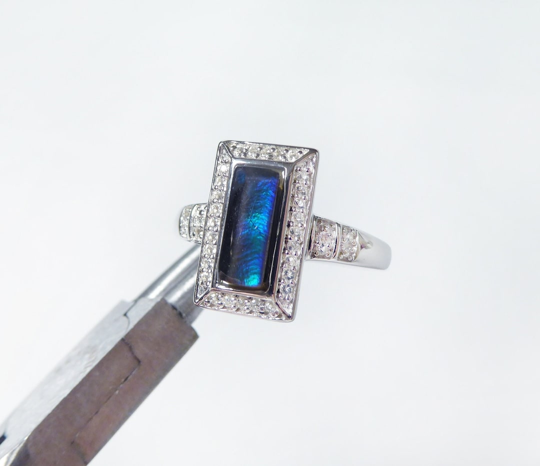 Natural Blue Green Canadian Ammolite Ring, White Topaz, Sterling Silver ...