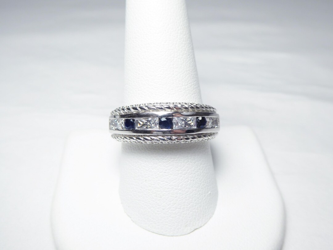 Judith Ripka Blue Sapphire and CZ Three Stone Trilogy Band Ring, 925 ...