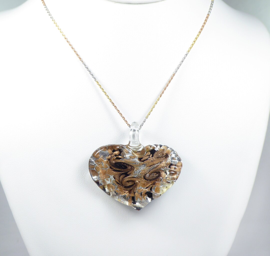 Vintage Murano Glass Heart Pendant, 24k Rose and Yellow Gold Foil, 18 ...
