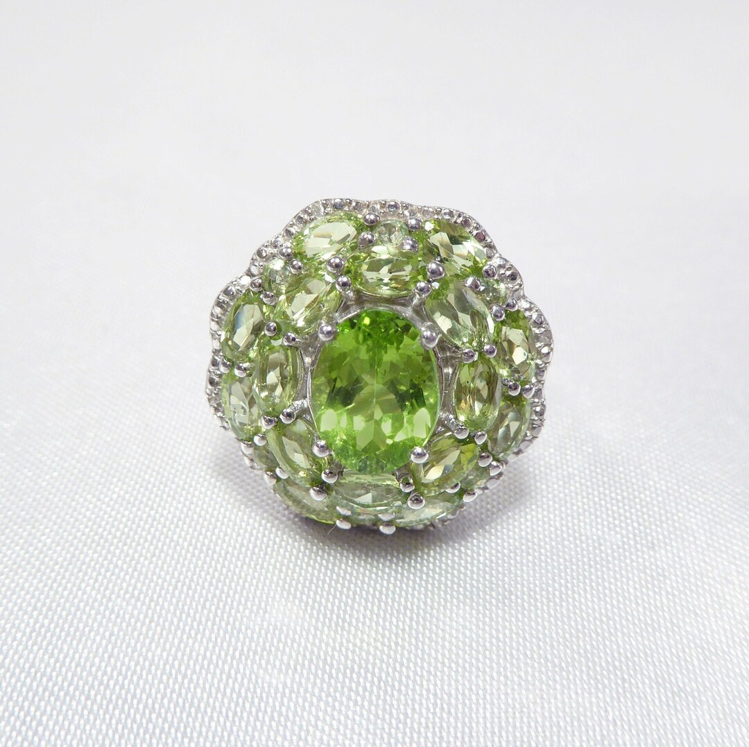 Natural Peridot Octagonal Double Halo Ring, 925 Sterling Silver, Size 8 ...