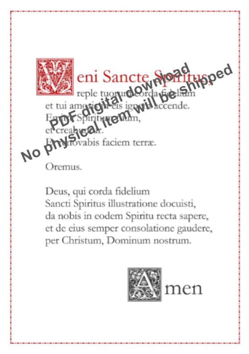 Veni, Sancte Spiritus (come, Holy Spirit) Latin Catholic Prayer Card ...
