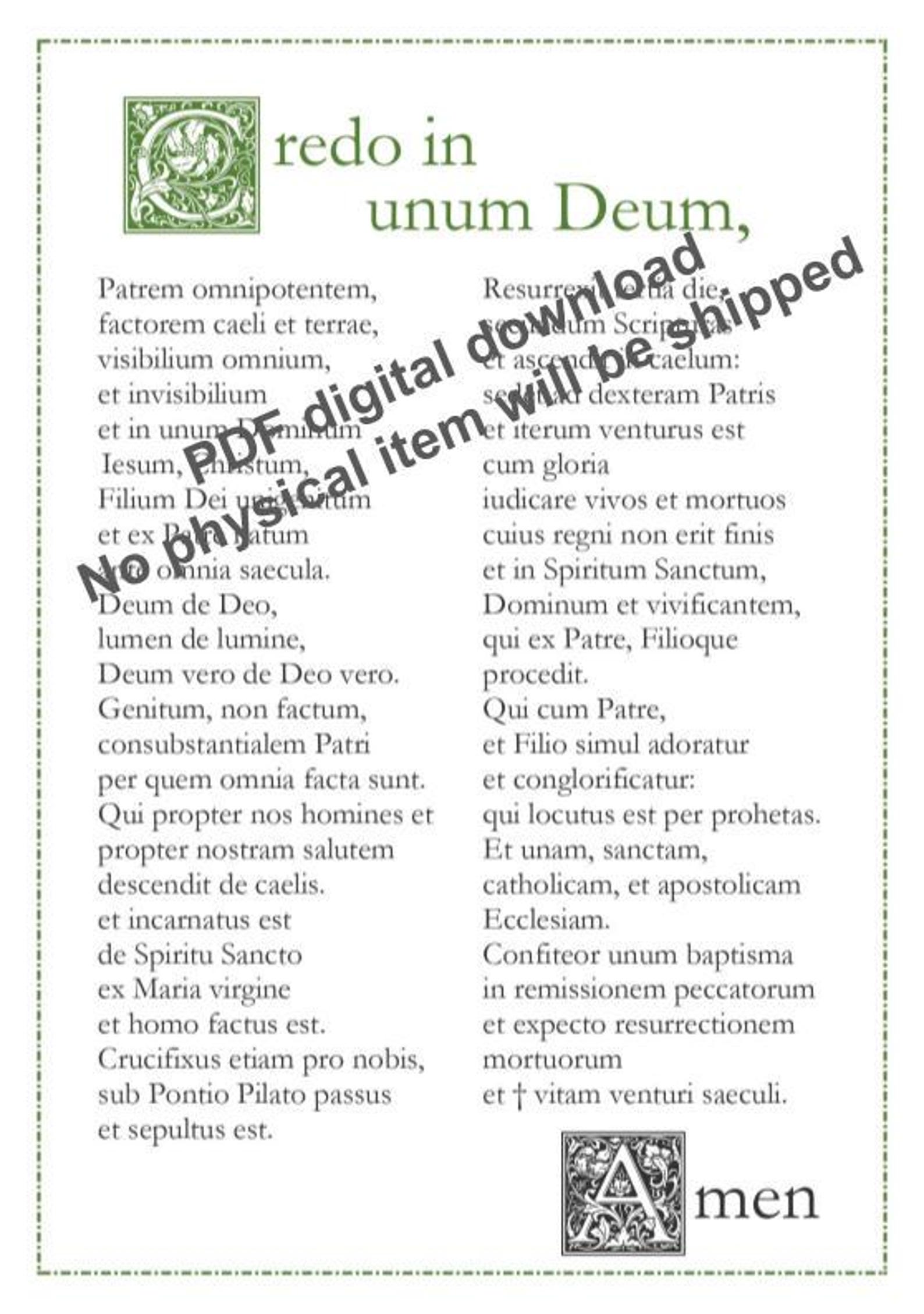 Nicene Creed (credo in Unum Deum) Latin Catholic Prayer Card ...