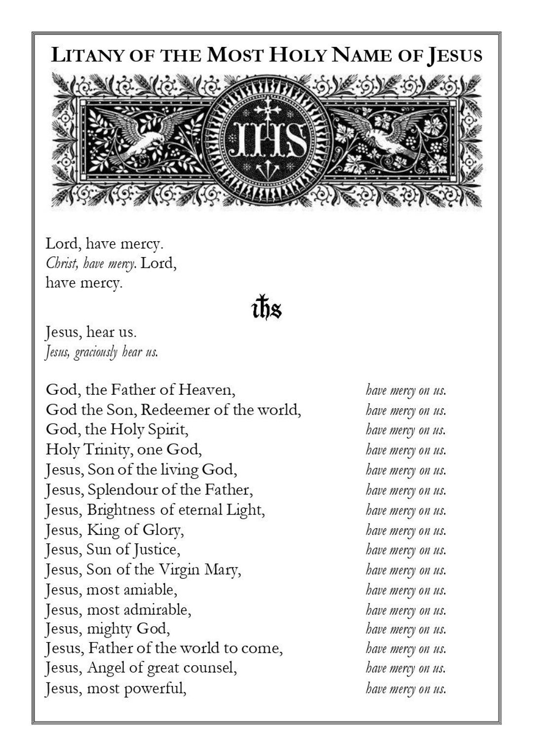 Litany of the Holy Name Catholic Prayer Card in English - Etsy