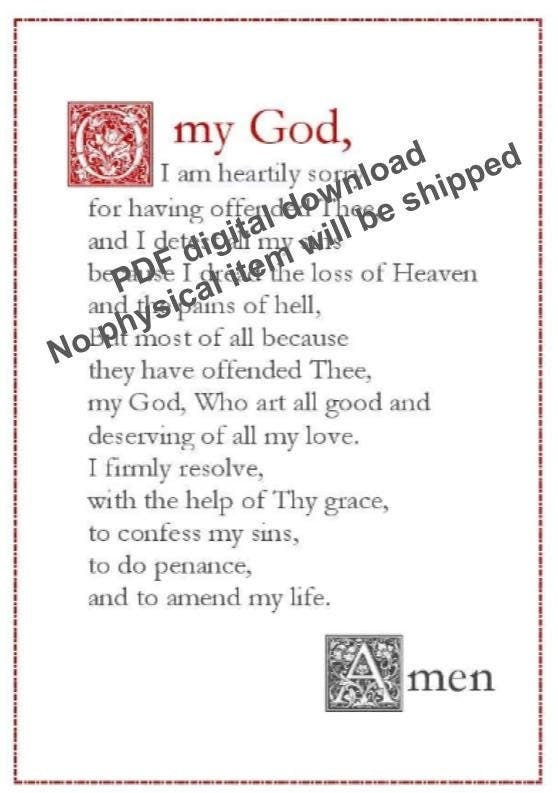 Act of Contrition (english) Catholic Prayer Card / Printable A4 Wall ...
