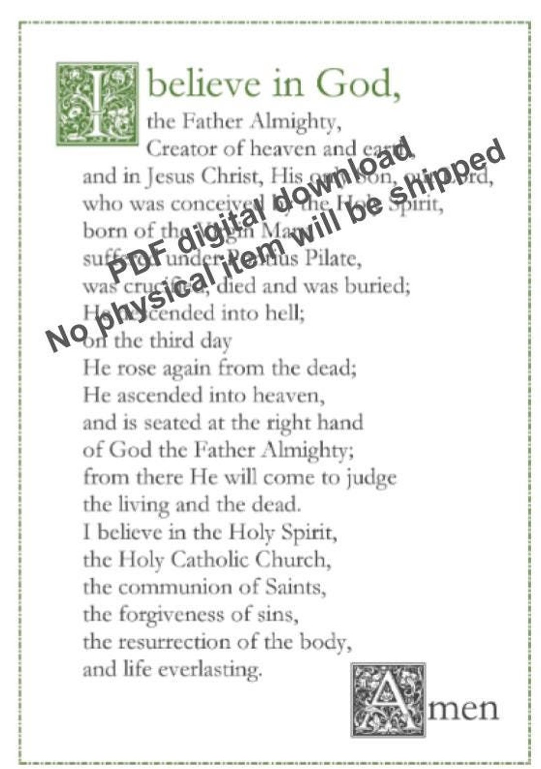 Apostles Creed English Catholic Prayer Card / Printable A4 Wall Art ...