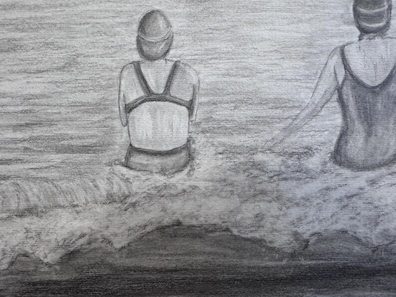 Original A3 Pencil Drawing: Wild Swimmers, Burry Port Beach, Wales ...